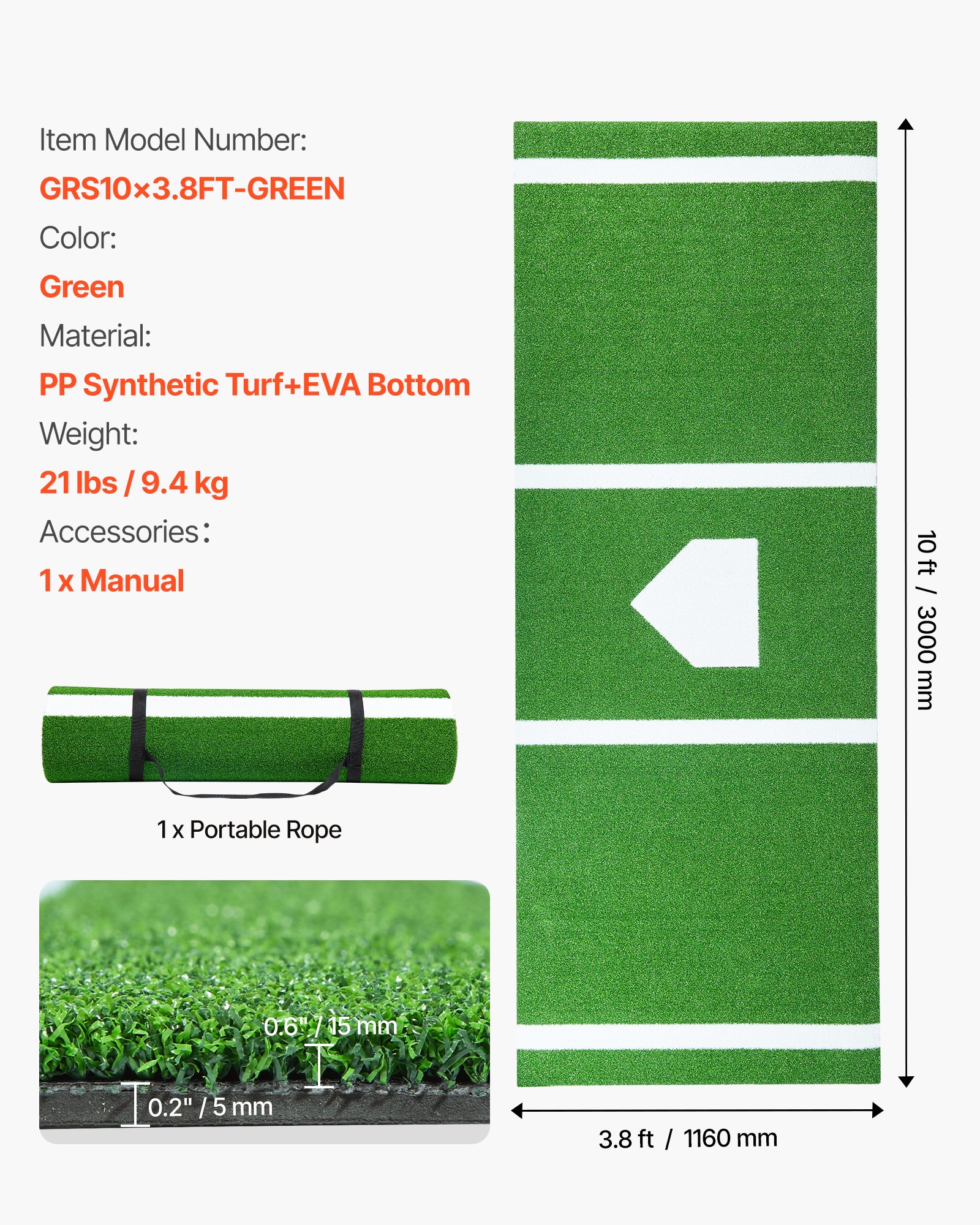 VEVOR 10x3.8 ft Baseball Softball Hitting Batting Mat, Indoor/Outdoor ...