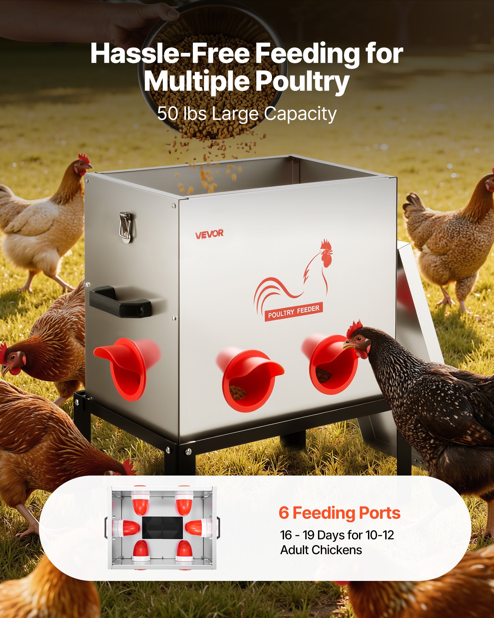 VEVOR Automatic Chicken Feeder, 50 lbs Capacity, 6 Feeding Ports No ...
