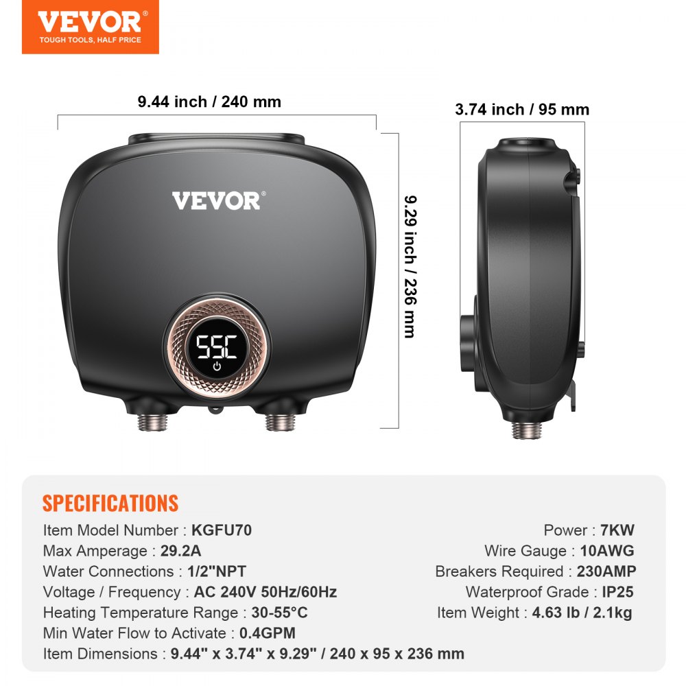 VEVOR Tankless Water Heater Electric, 7kw On Demand Instant Under Sink ...