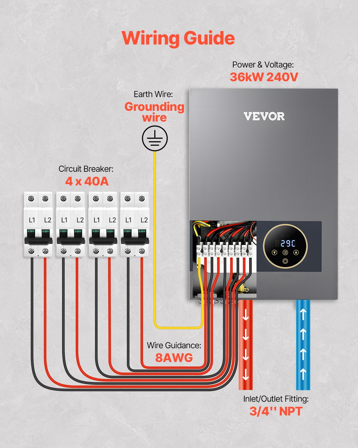 VEVOR 36kW Tankless Water Heater – 240V, LCD, Child Lock