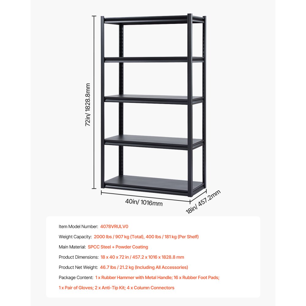 VEVOR Metal Storage Shelves for Garage – 2000 lbs, 18x40x72"