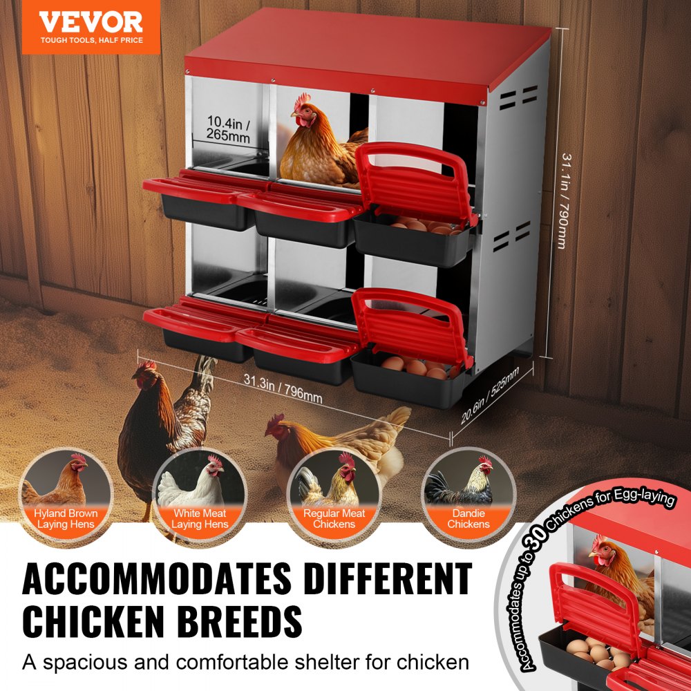 VEVOR 6-Compartment Chicken Nest Box Mental Box with Inclined Nesting ...