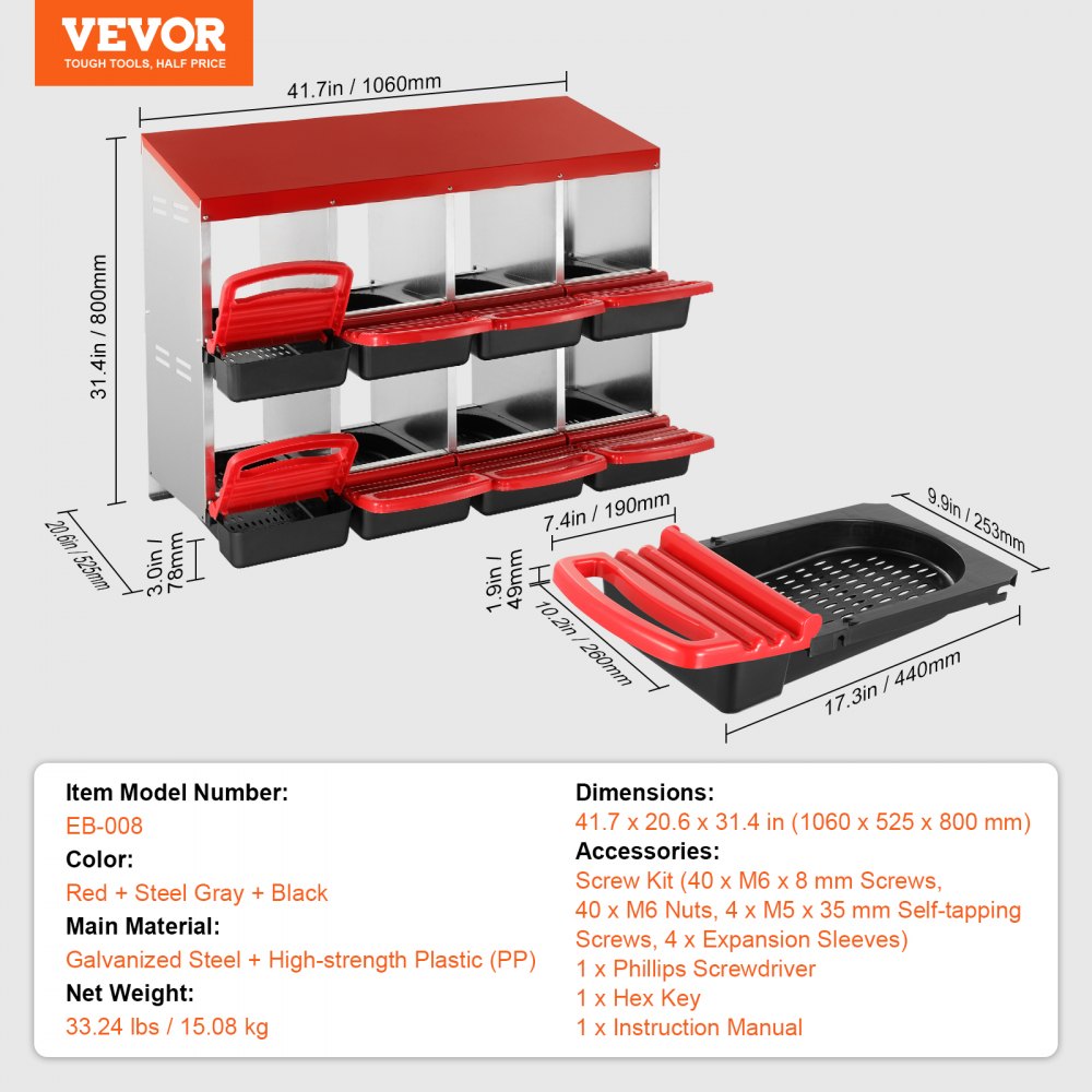 VEVOR 8-Compartment Chicken Nest Box Mental Box with Inclined Nesting ...