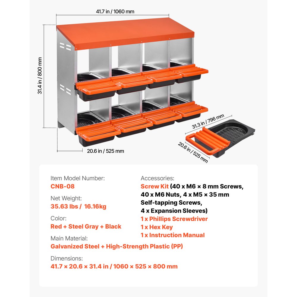 VEVOR Chicken Nest Box, 8-Compartment, 30 to 45 in Stable & Corrosion ...
