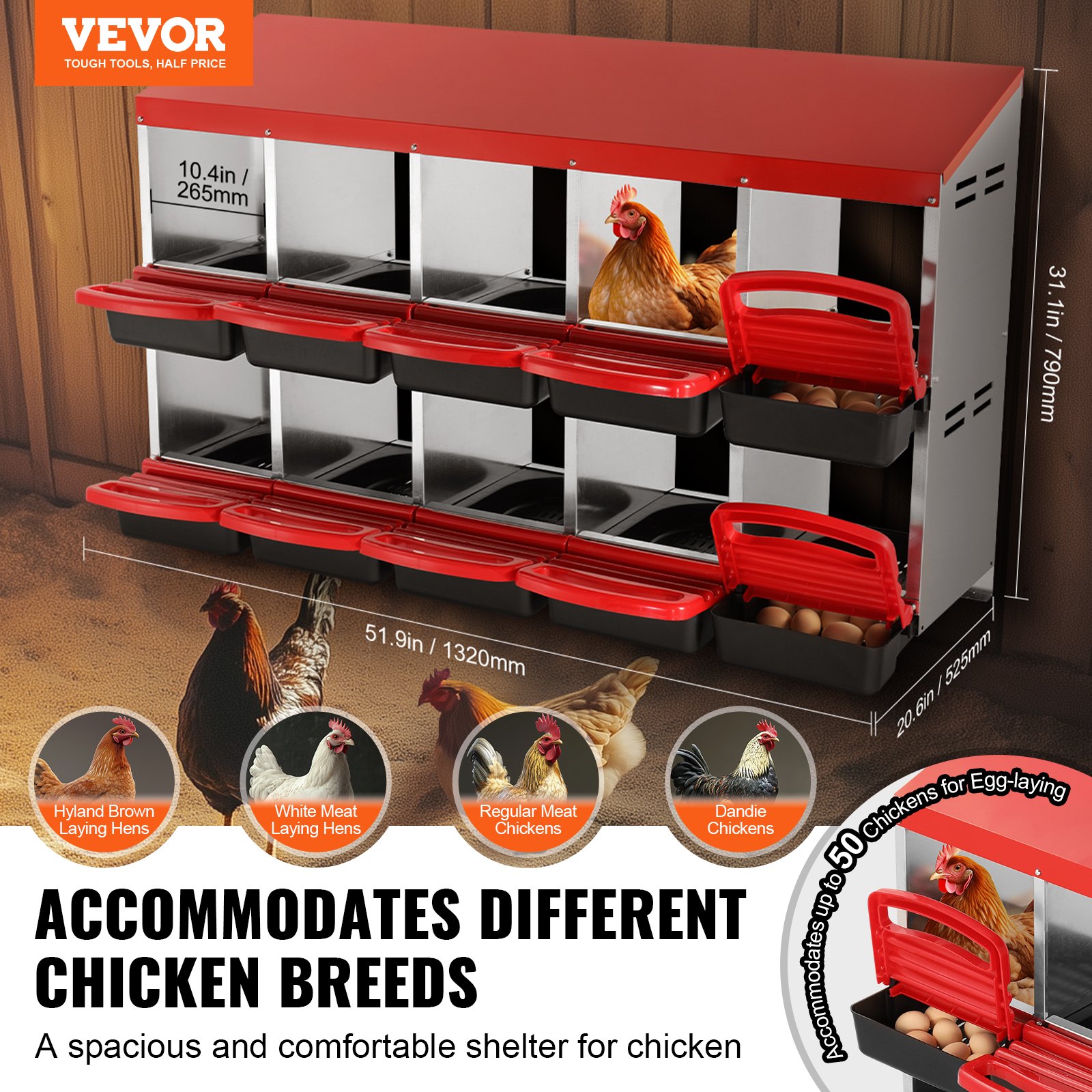 VEVOR 10-Compartment Chicken Nest Box Mental Box with Inclined Nesting ...