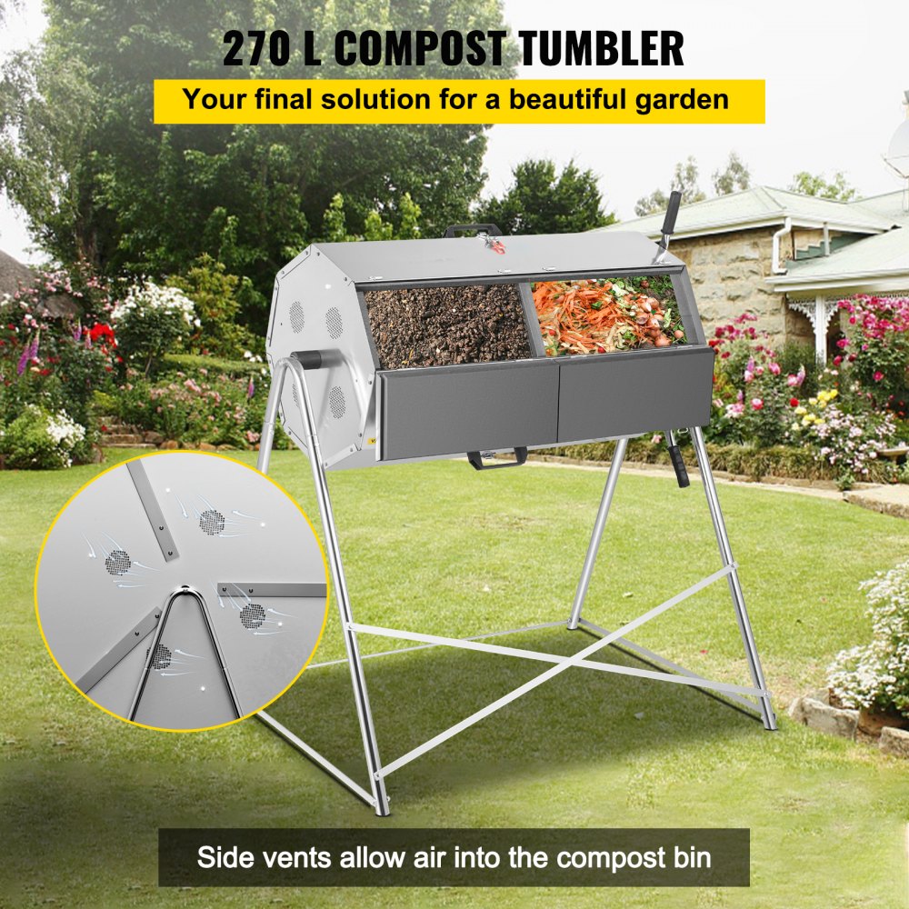 VEVOR Compost Tumbler, 71 US Gallons, Rustproof Stainless Steel Dual ...