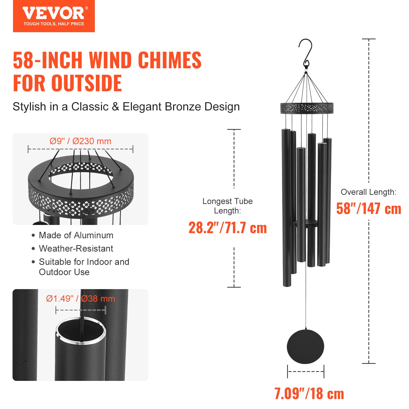 VEVOR Wind Chimes For Outside – 58-Inch, 6 Aluminum Tubes