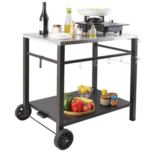 VEVOR Outdoor Grill Dining Cart with Double-Shelf, BBQ Movable Food ...