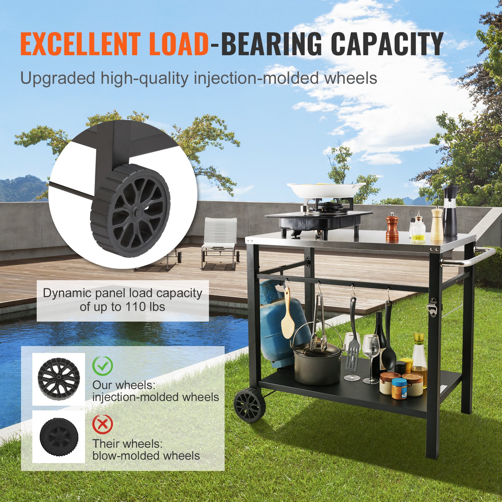 VEVOR Outdoor Grill Dining Cart with Double-Shelf, BBQ Movable Food ...