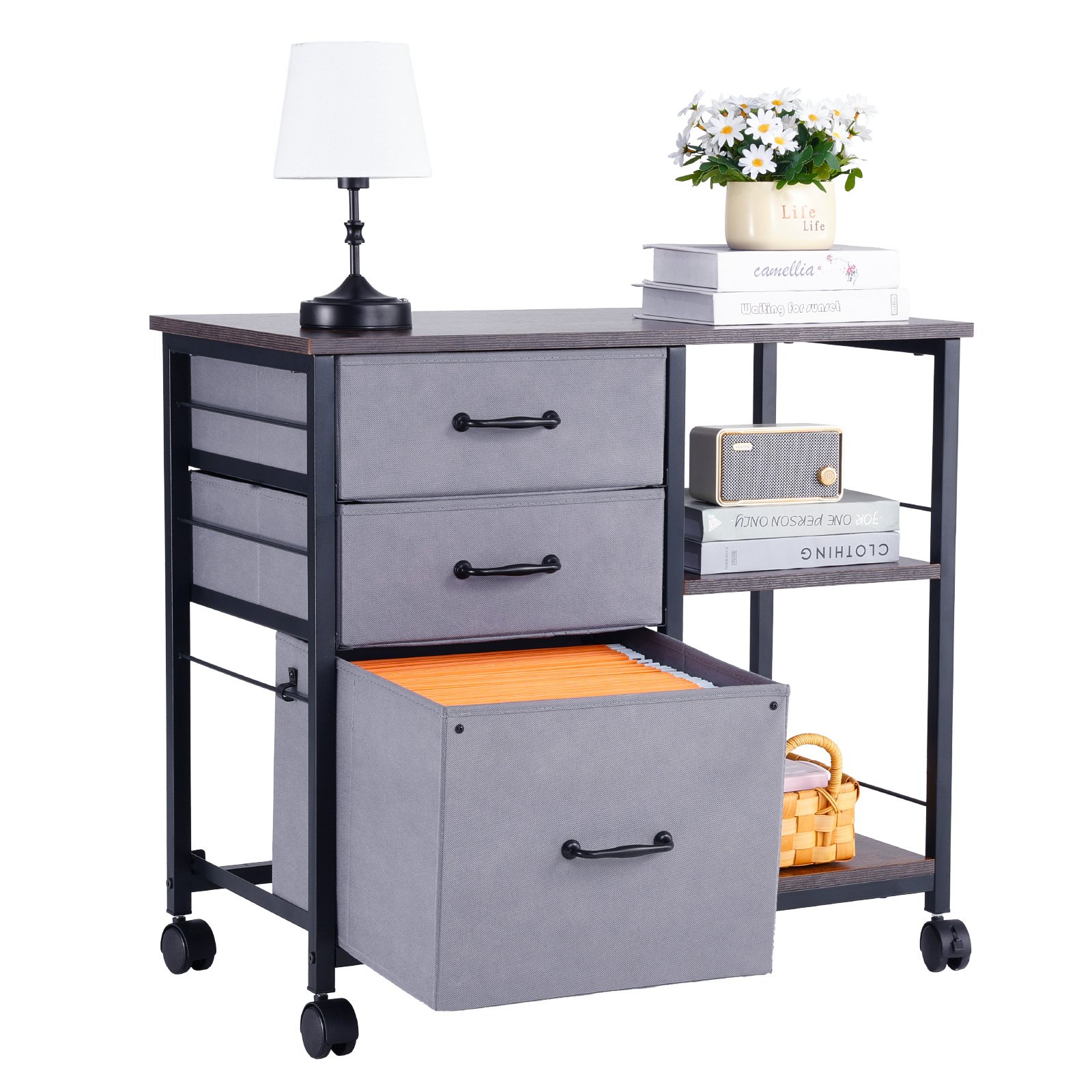 VEVOR Metal File Cabinet, Mobile Filing Cabinet with 3 Fabric Drawers ...