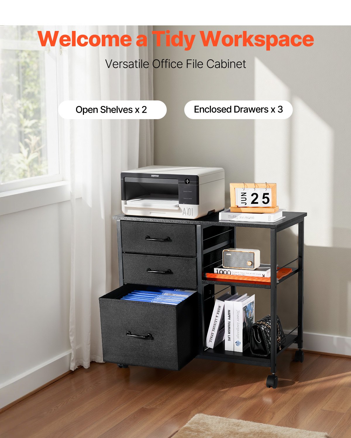 VEVOR Metal File Cabinet, Mobile Filing Cabinet with 3 Fabric Drawers ...