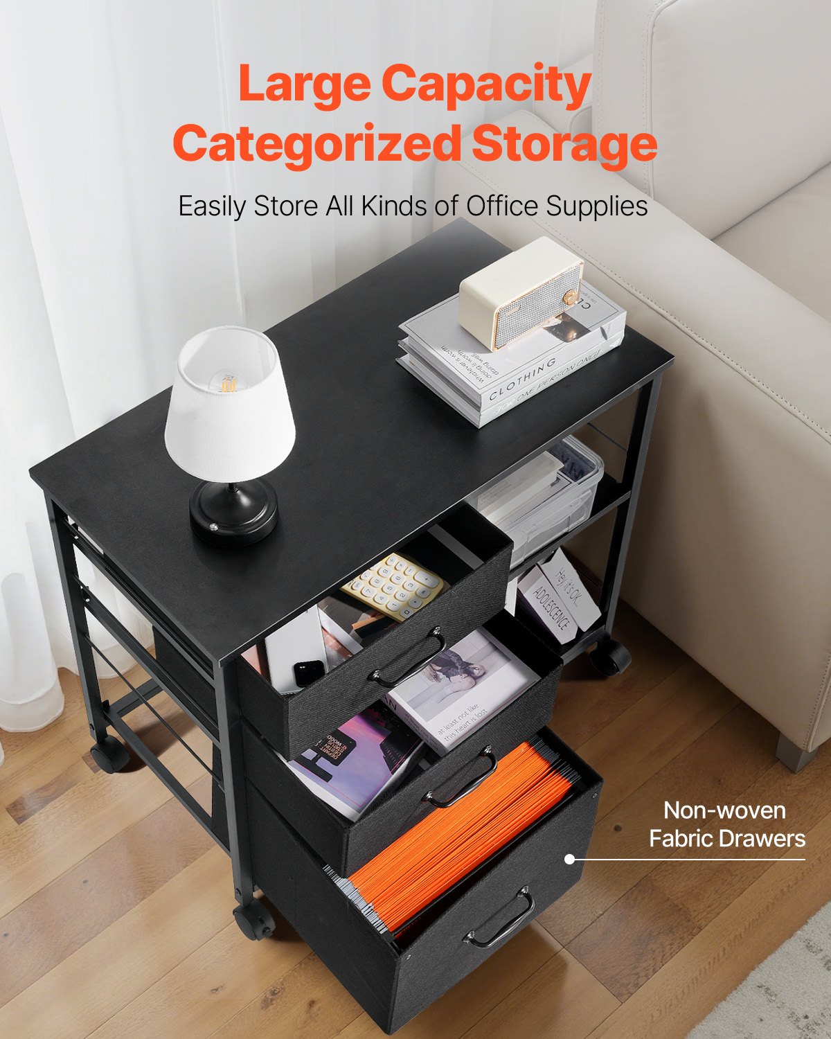 VEVOR Metal File Cabinet, Mobile Filing Cabinet with 3 Fabric Drawers ...