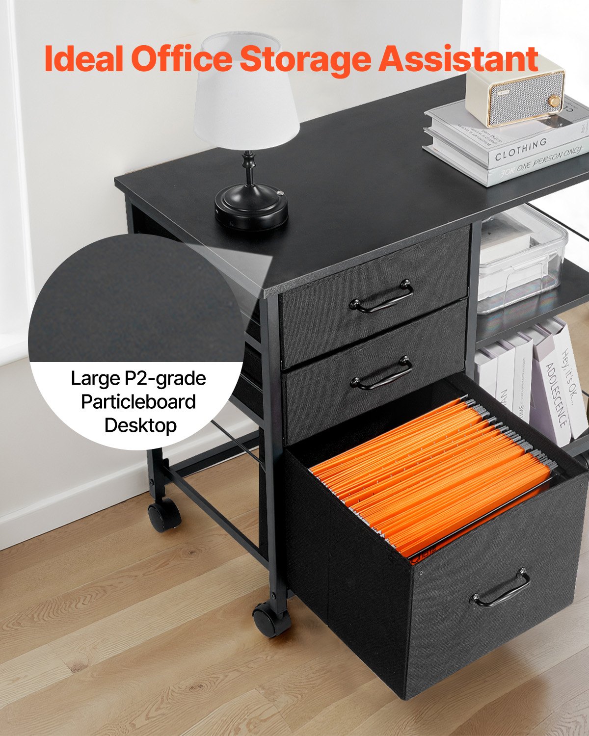 VEVOR Metal File Cabinet, Mobile Filing Cabinet with 3 Fabric Drawers ...