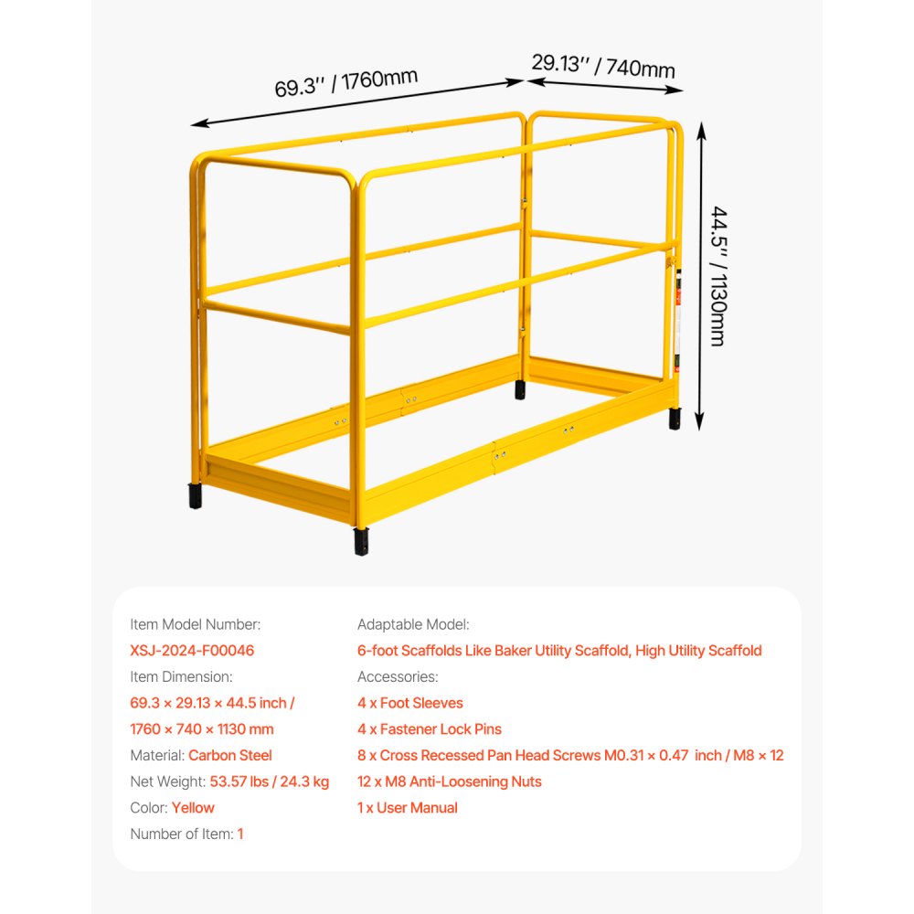 VEVOR Scaffold Guard Rail – 6ft, 44.5'' height, 55.4 lbs