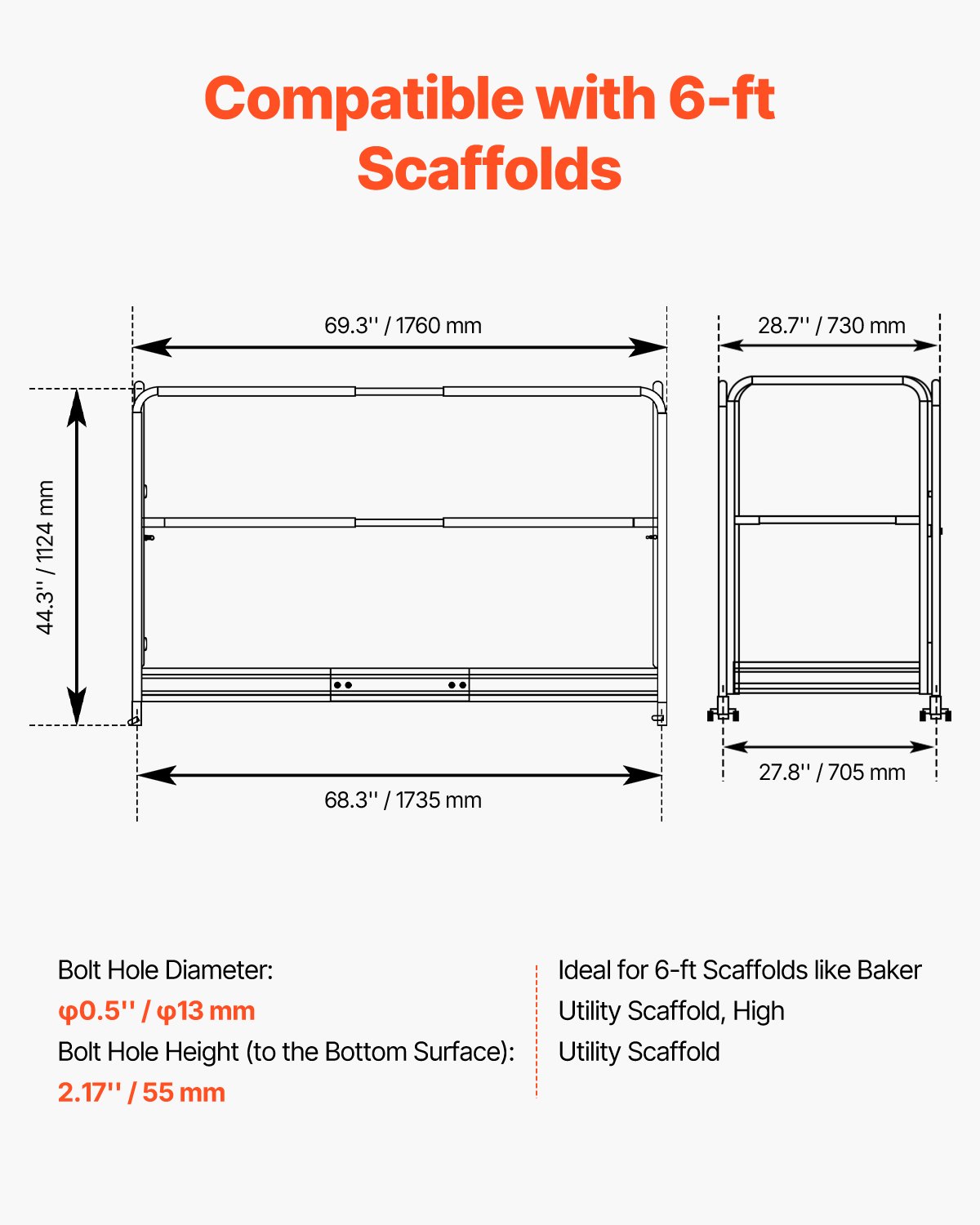 VEVOR Scaffold Guard Rail – 6ft, 44.5'' height, 55.4 lbs