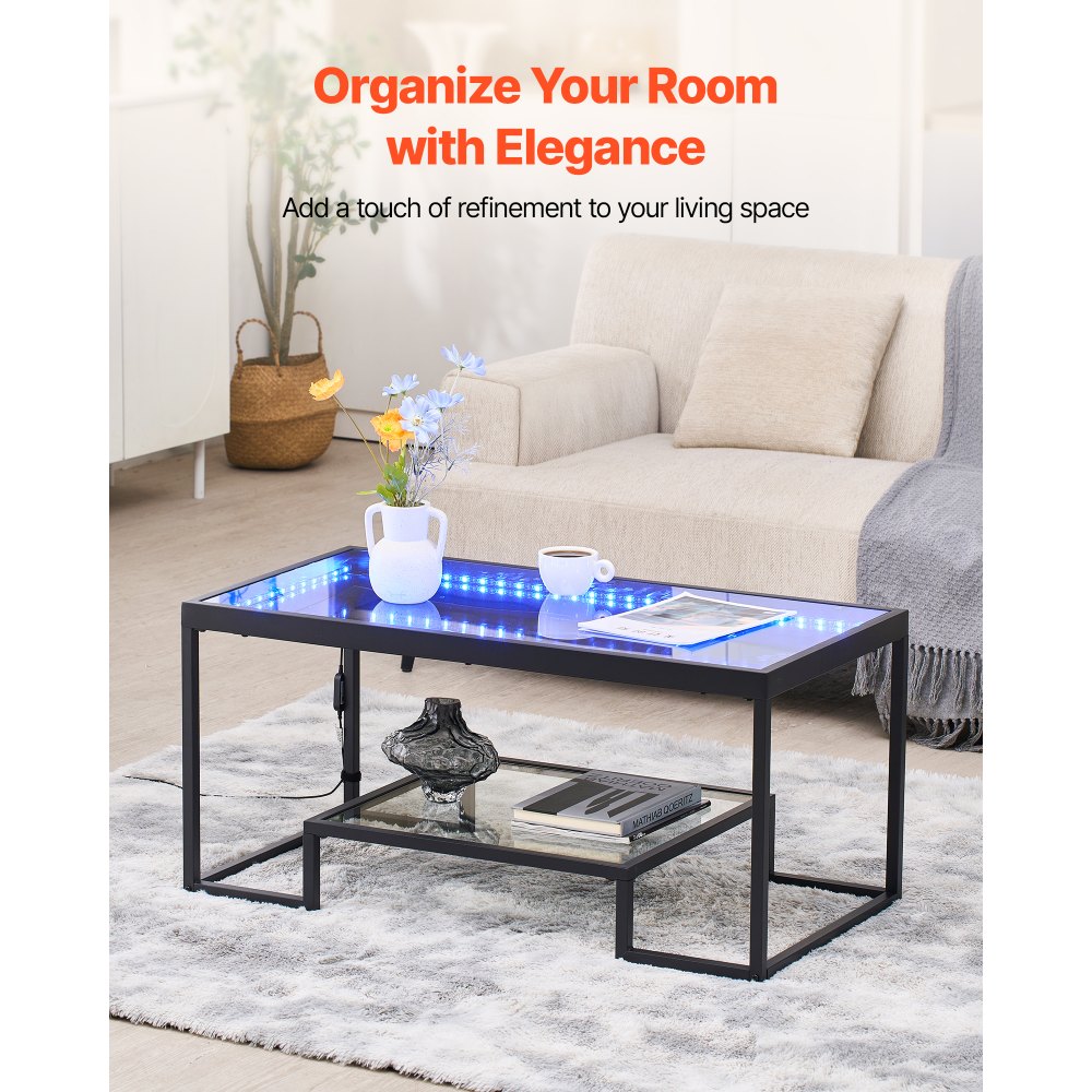 VEVOR Coffee Table, Modern Tempered Glass Coffee Table with Lighting, 2 ...