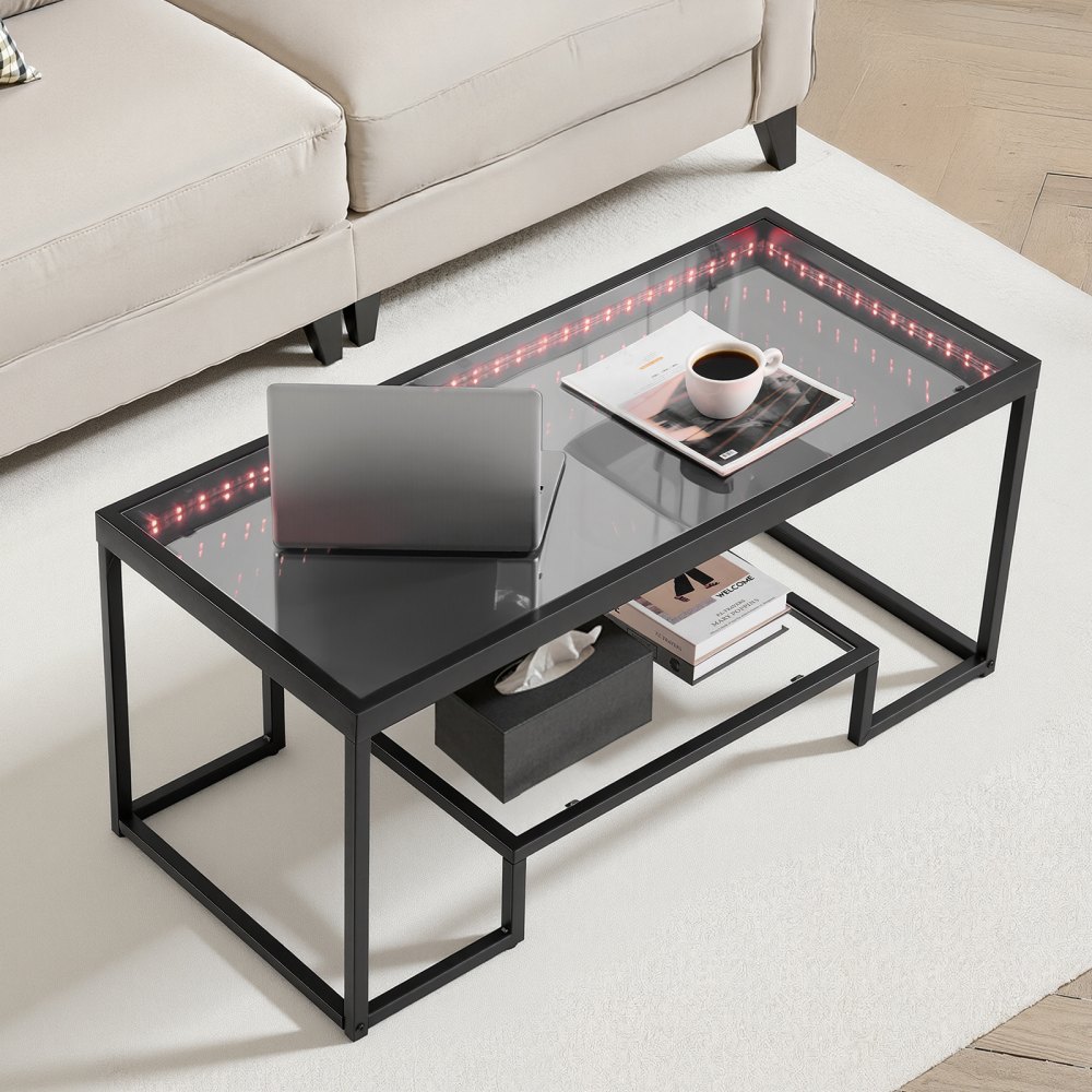 VEVOR Coffee Table, Modern Tempered Glass Coffee Table with Lighting, 2 ...