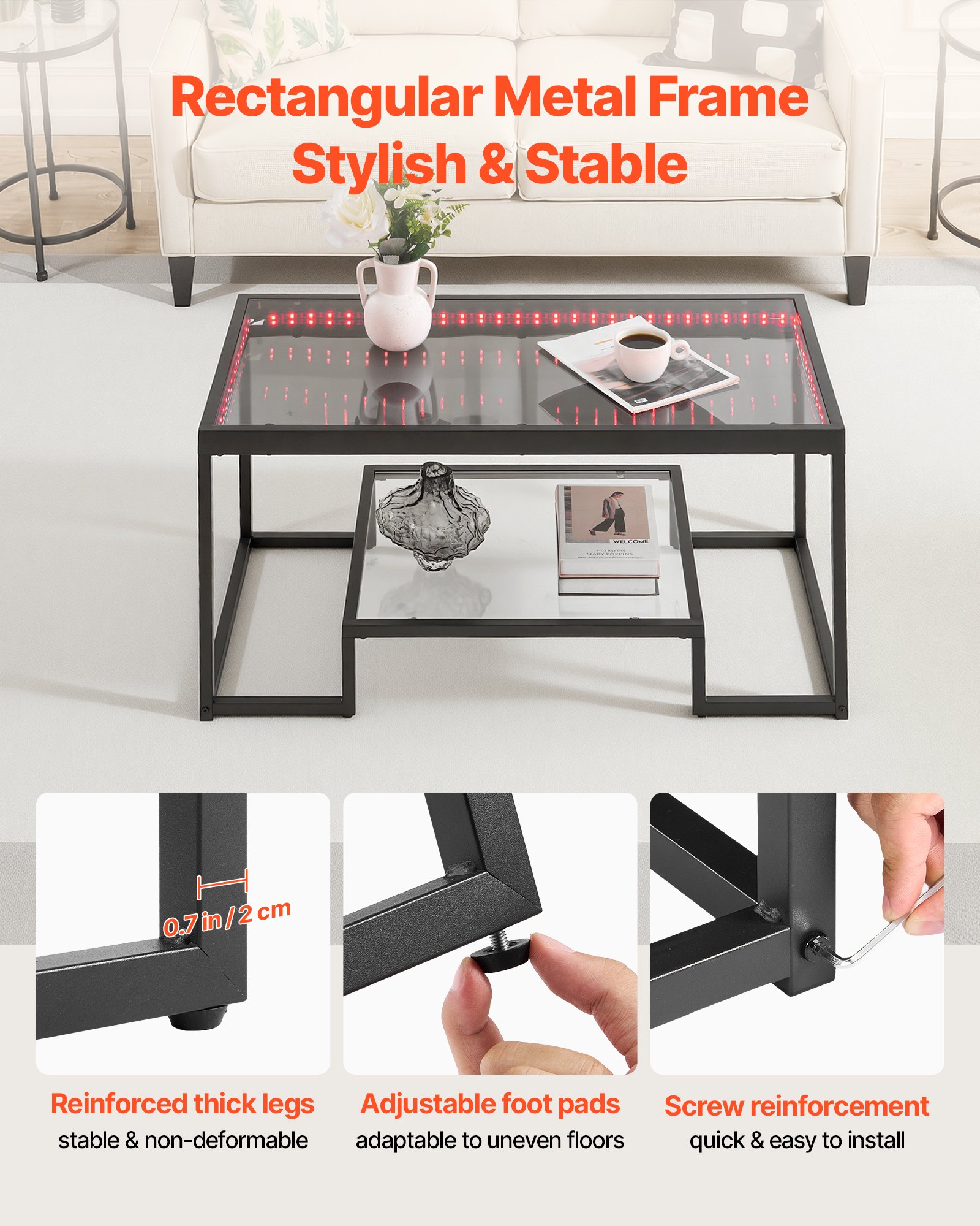 VEVOR Coffee Table, Modern Tempered Glass Coffee Table with Lighting, 2 ...