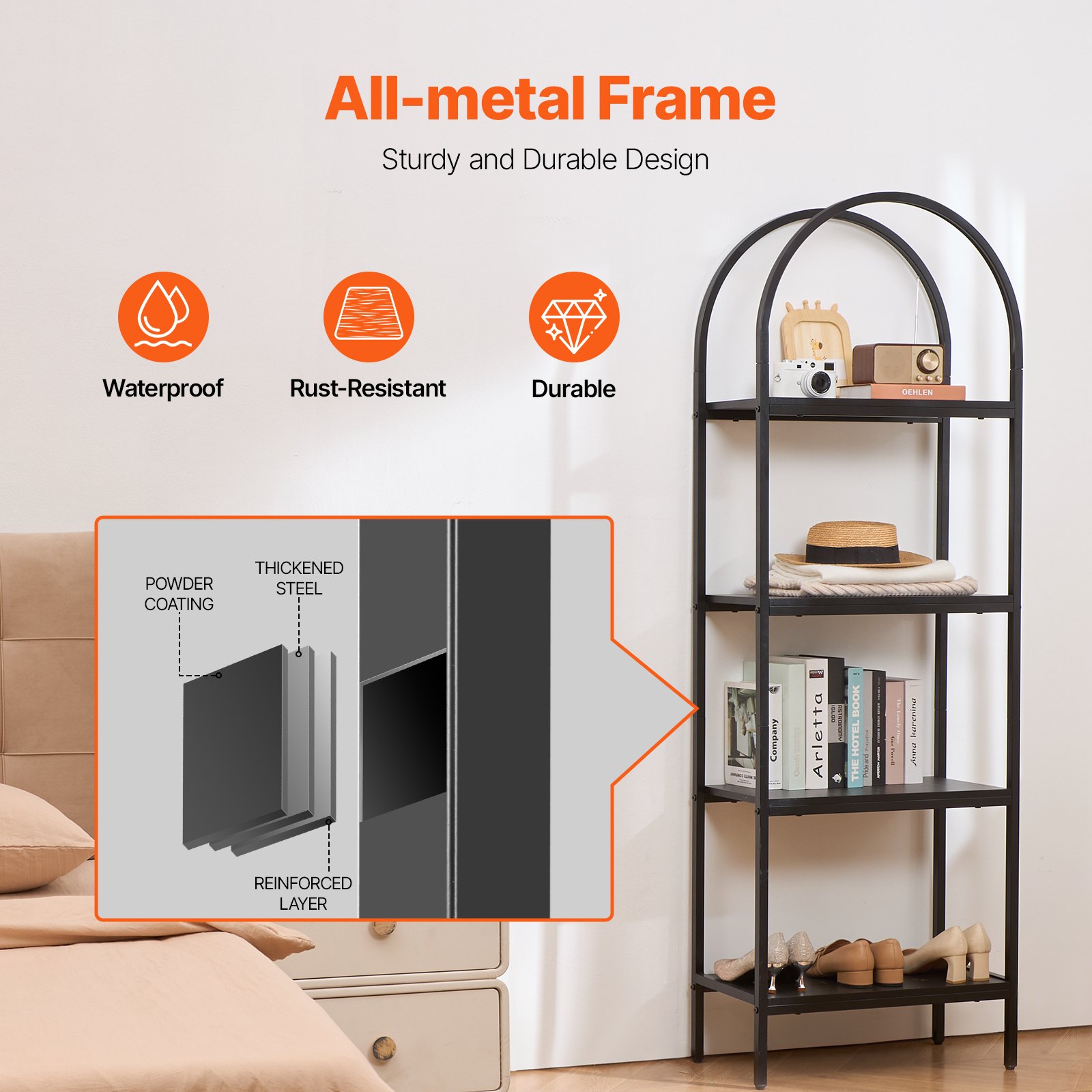 VEVOR Black Metal Bookshelf – 4-Tier, 30 lbs Per Shelf