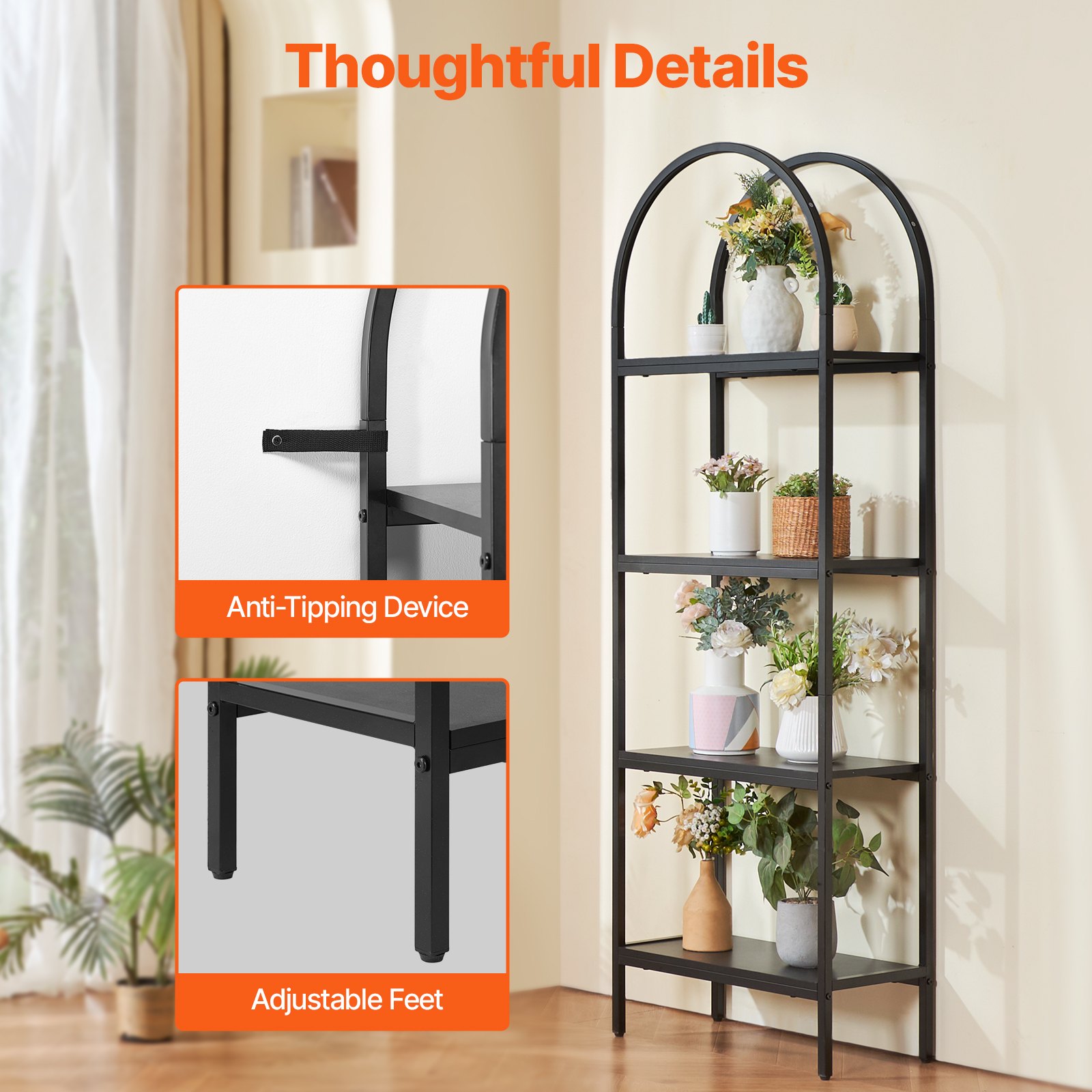 VEVOR Metal Bookshelf, 4-Tier Arched Industrial Bookshelf, Small Rustic ...