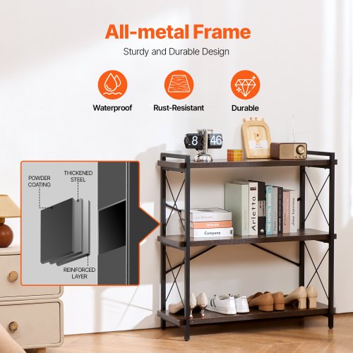 VEVOR Metal Bookshelf, 3-Tier Industrial Bookshelf, Small Rustic ...