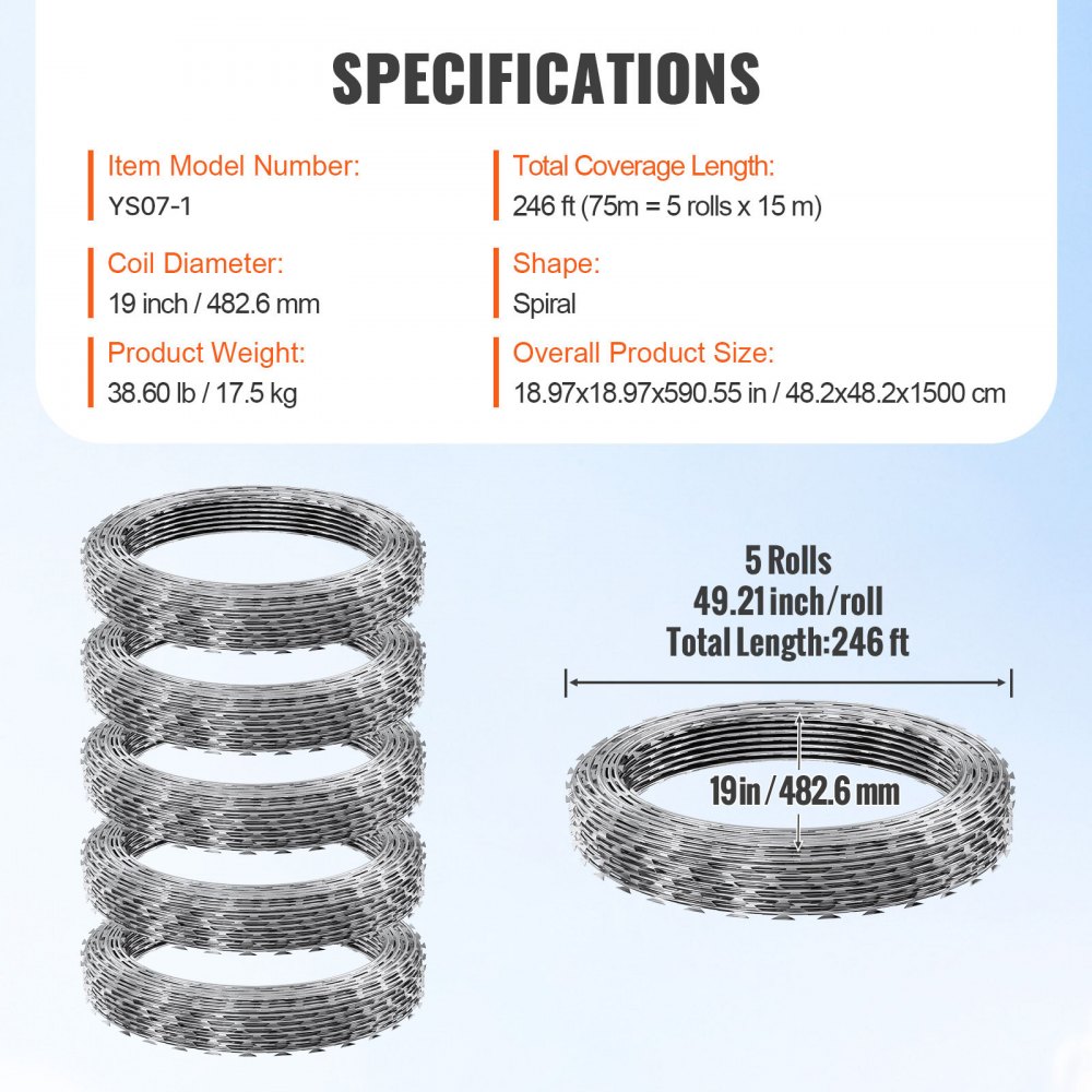 VEVOR Razor Wires, 246 ft Razor Barbed Wire, 5 Rolls Razor Wire Fencing ...