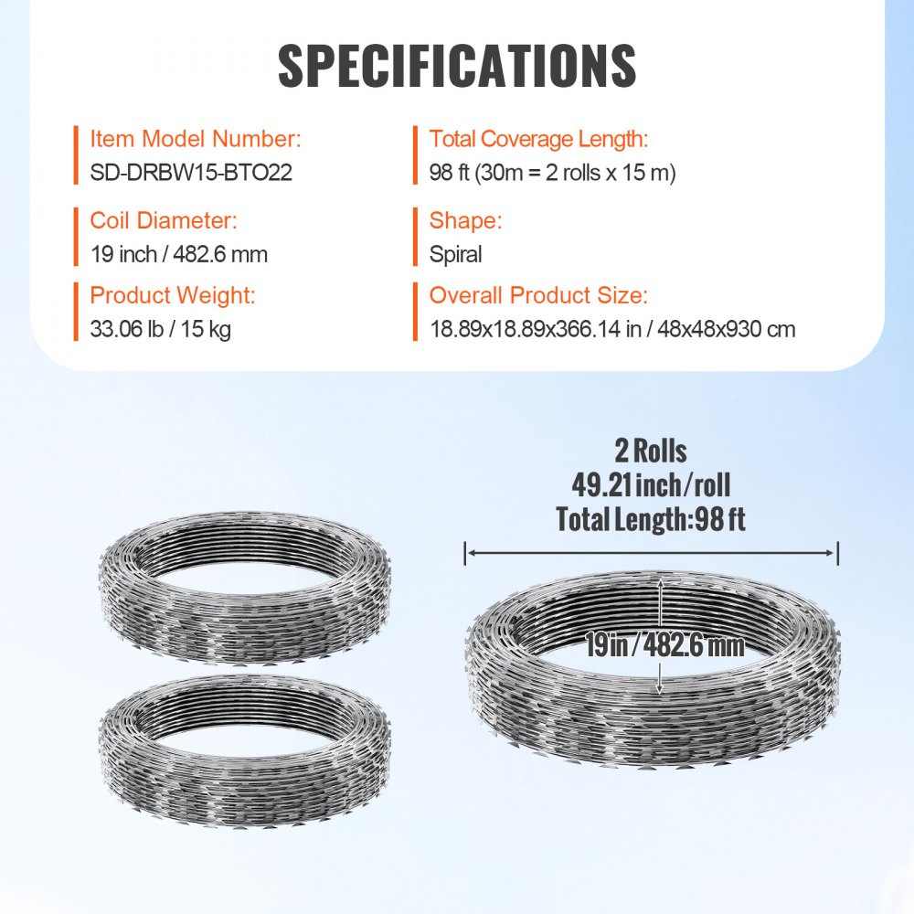 VEVOR Razor Wires, 98 ft Razor Barbed Wire, 2 Rolls Razor Wire Fencing ...