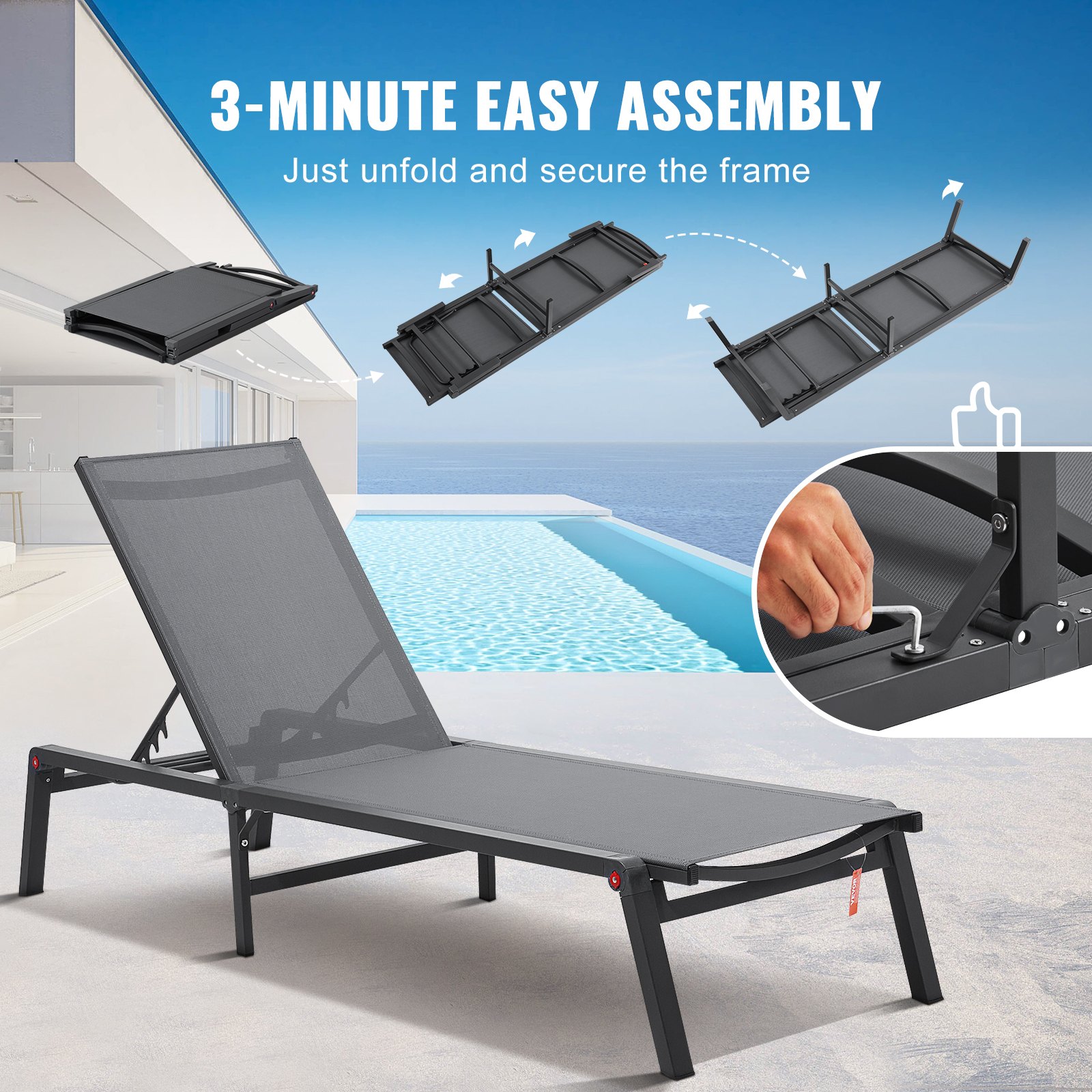 VEVOR Chaise Lounge Chair Outdoor Patio Lounge Chair with Adjustable 5 ...