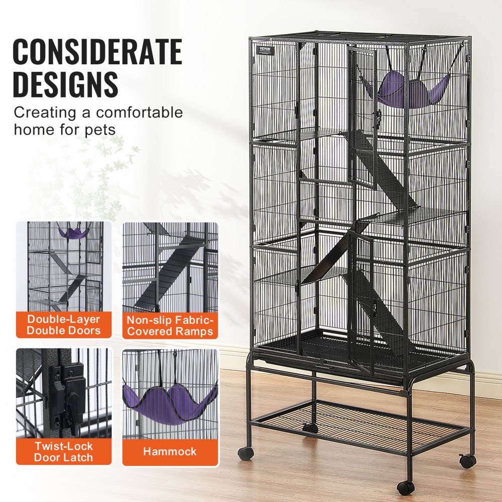 VEVOR 69" Metal Small Animal Cage 4-Tier Rolling Ferret Cage with Tray ...