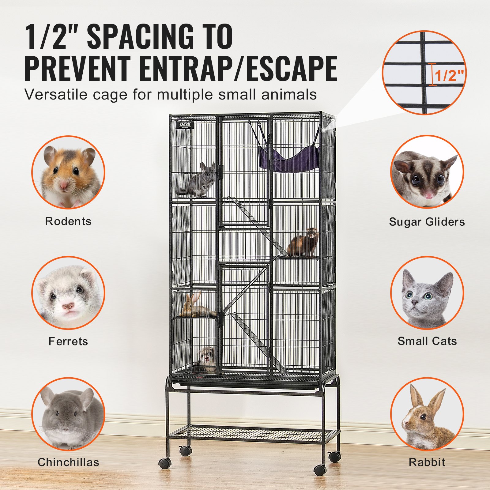 VEVOR 69" Metal Small Animal Cage 4-Tier Rolling Ferret Cage with Tray ...
