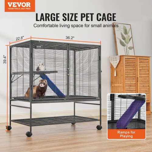 VEVOR 39" Metal Small Animal Cage 2-Tier Rolling Ferret Cage with Tray ...