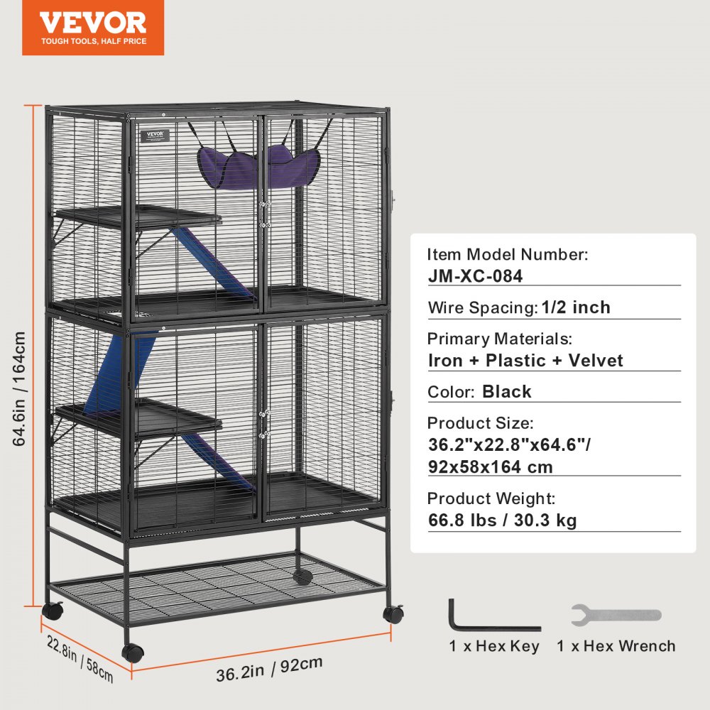 VEVOR 64.6" Metal Small Animal Cage 4-Tier Rolling Ferret Cage with ...