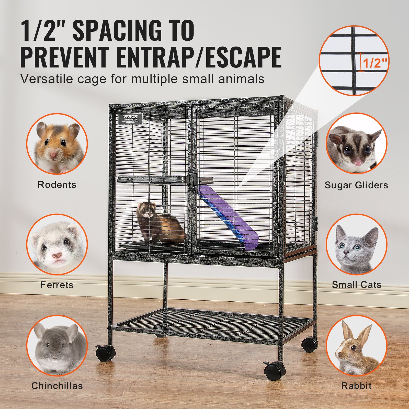 VEVOR 34" Metal Small Animal Cage 2-Tier Rolling Ferret Cage with Tray ...