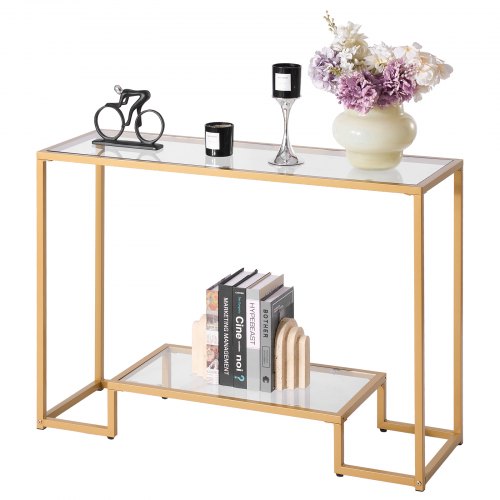 VEVOR 2-Tier Glass Console Table, Modern Rectangle Sofa Side Table with ...