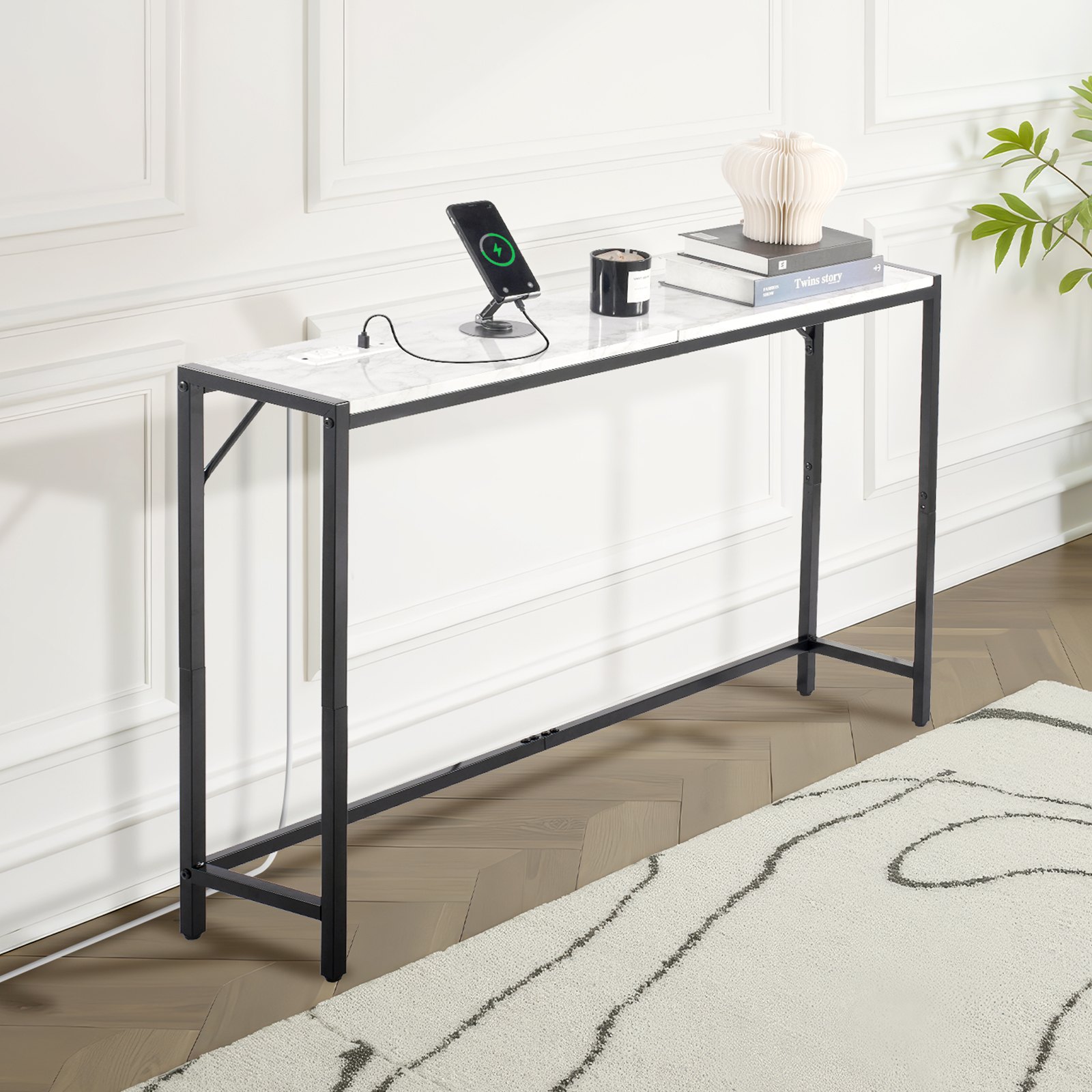 VEVOR Narrow Console Table — Marble Top and Power Outlet