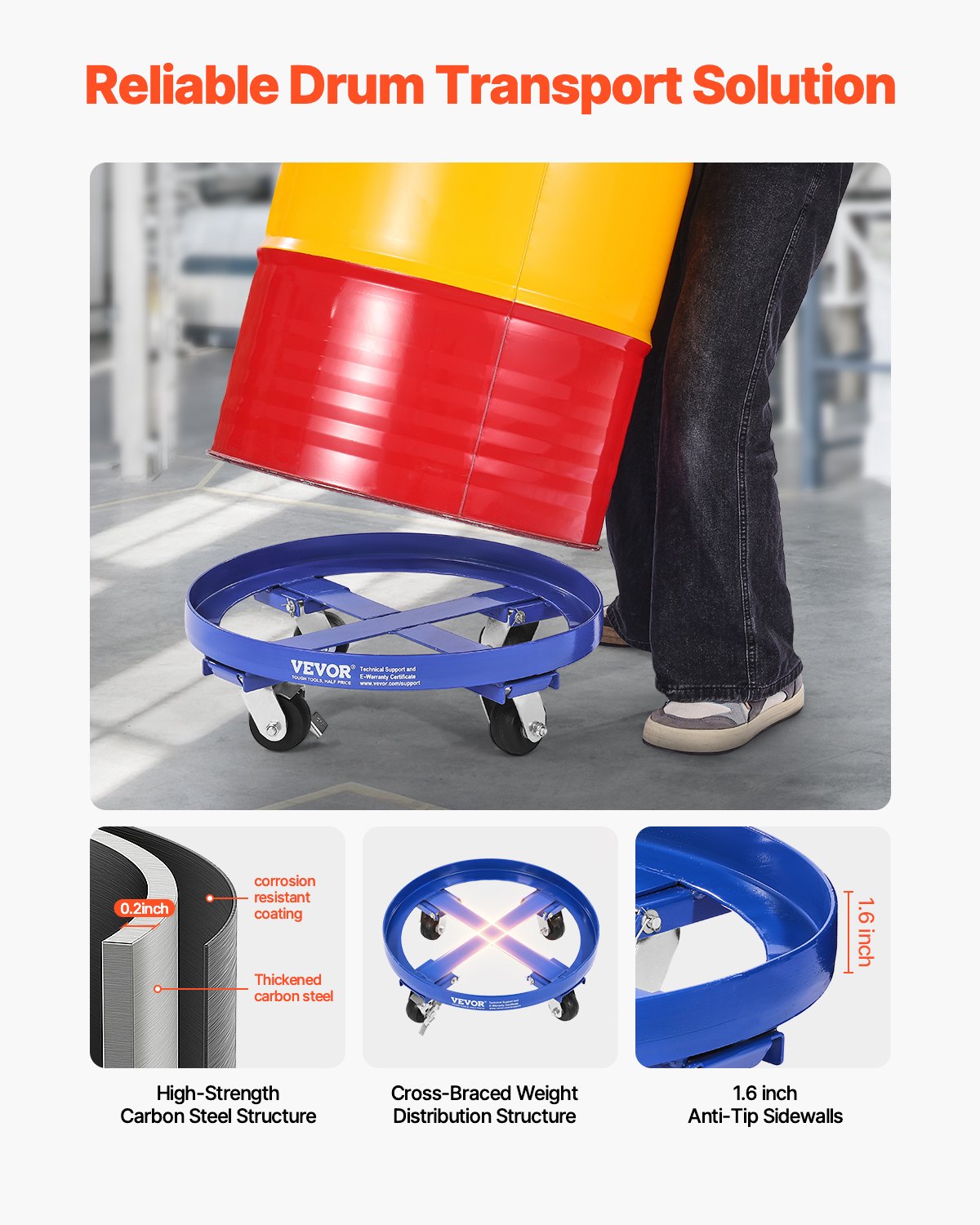 VEVOR 55 Gallon Drum Dolly, 2000 lbs Load Capacity, Heavy-Duty Barrel ...