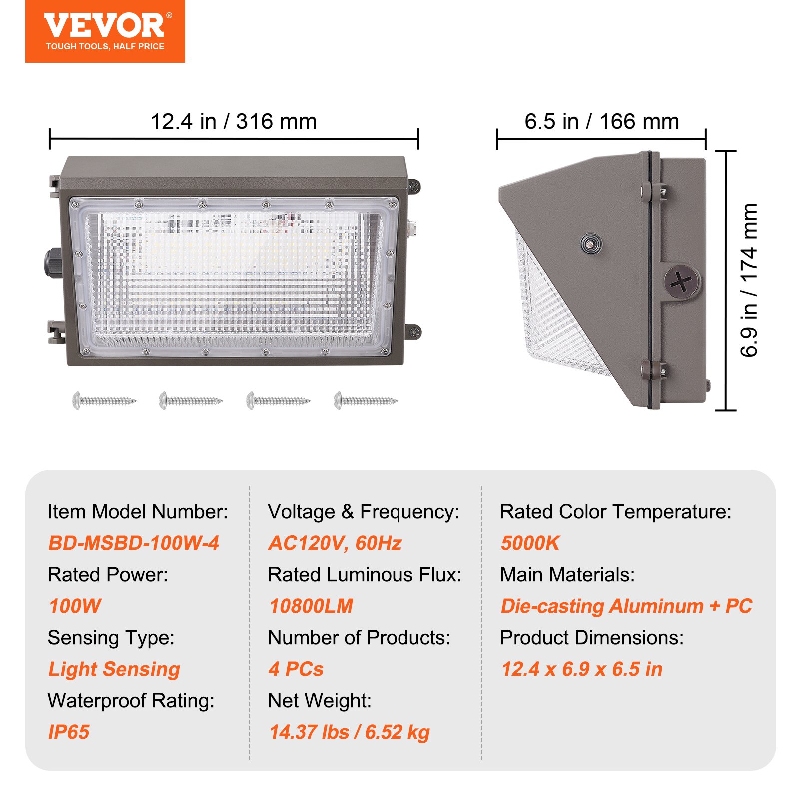 VEVOR 4PCs LED Wall Pack Lights, 100W 10800LM, 5000K Commercial Outdoor ...