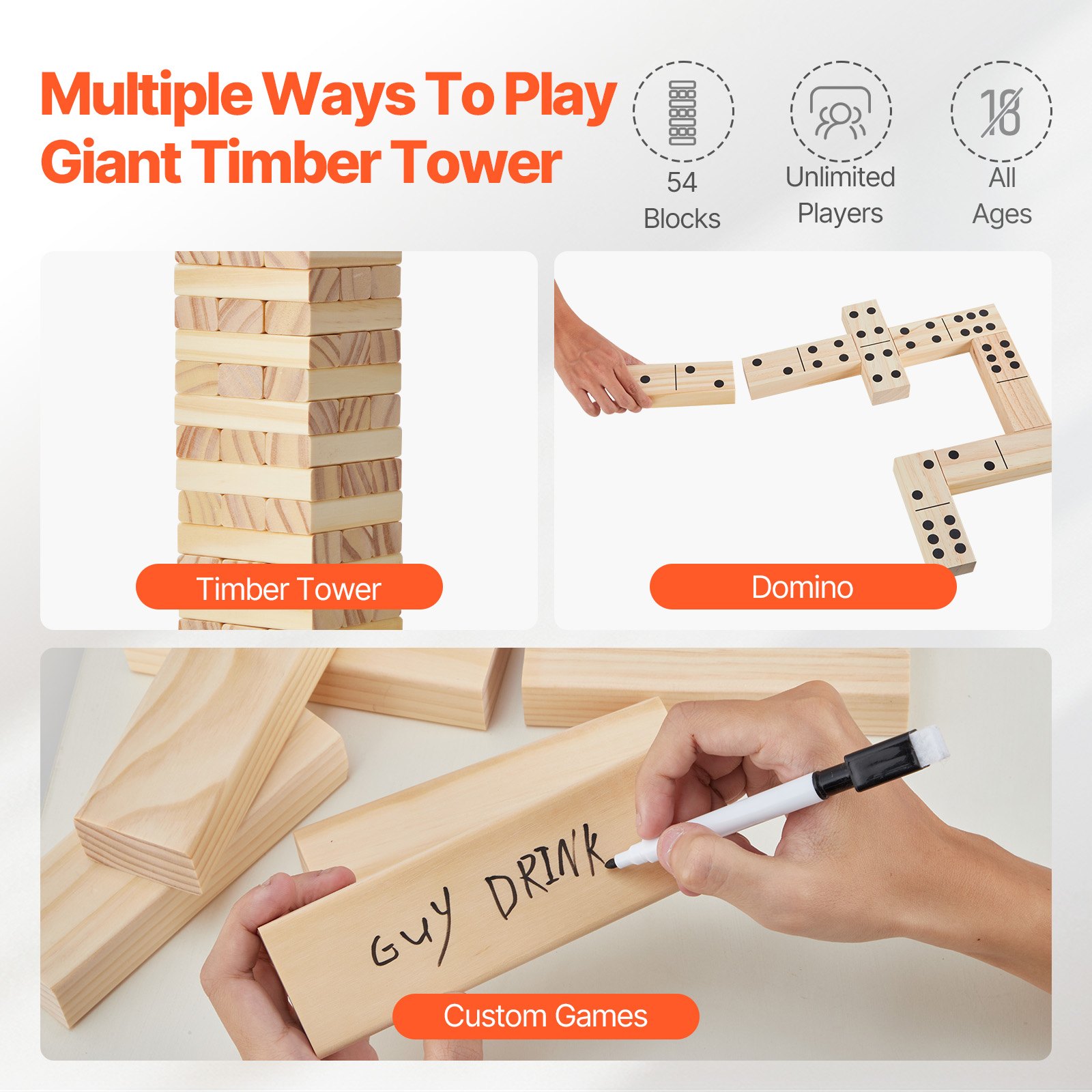 VEVOR Giant Tumbling Timber Toy – 54 Pine Wood Blocks