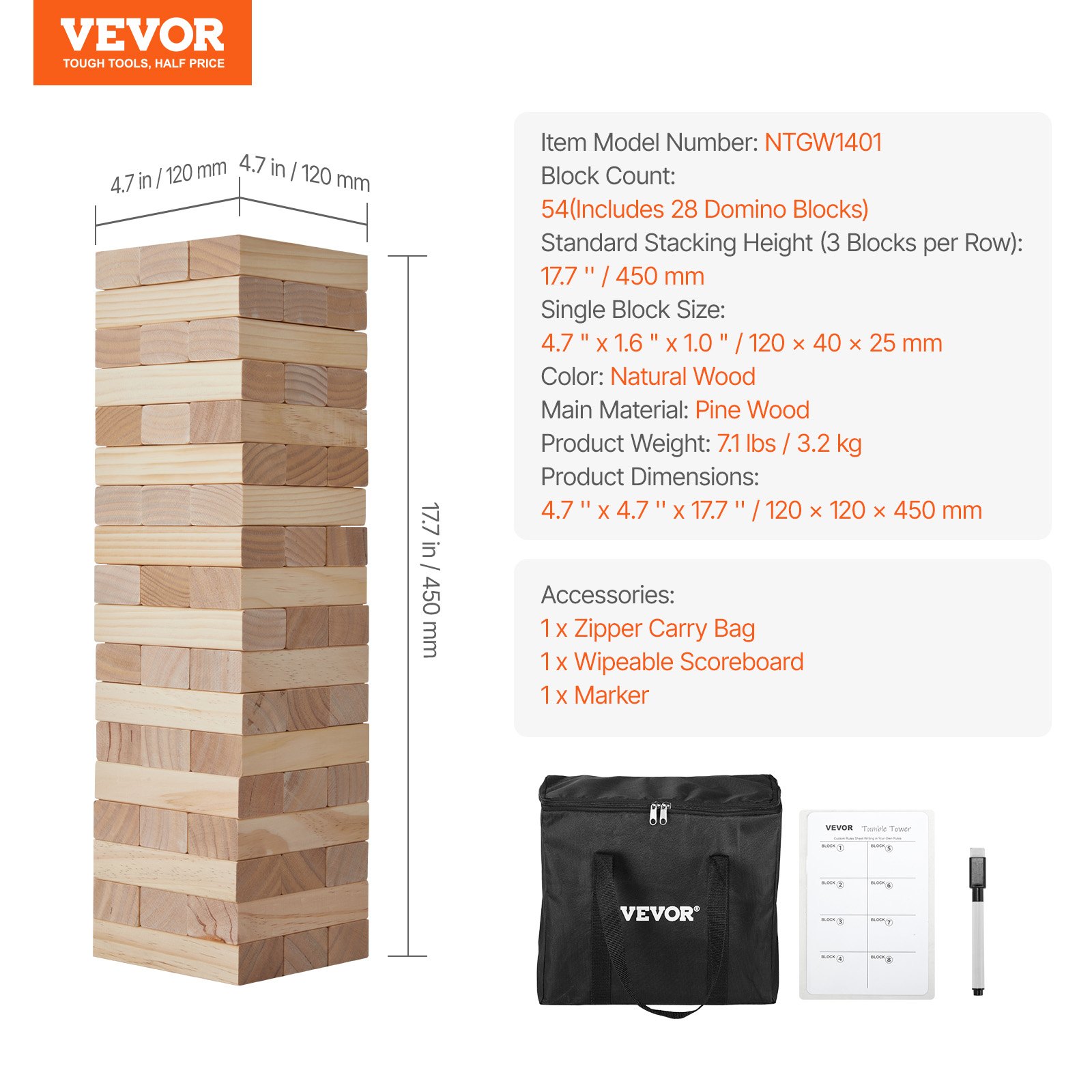 VEVOR Tumbling Timber – 54 Block, 4.7" x 1.6" x 1.0"