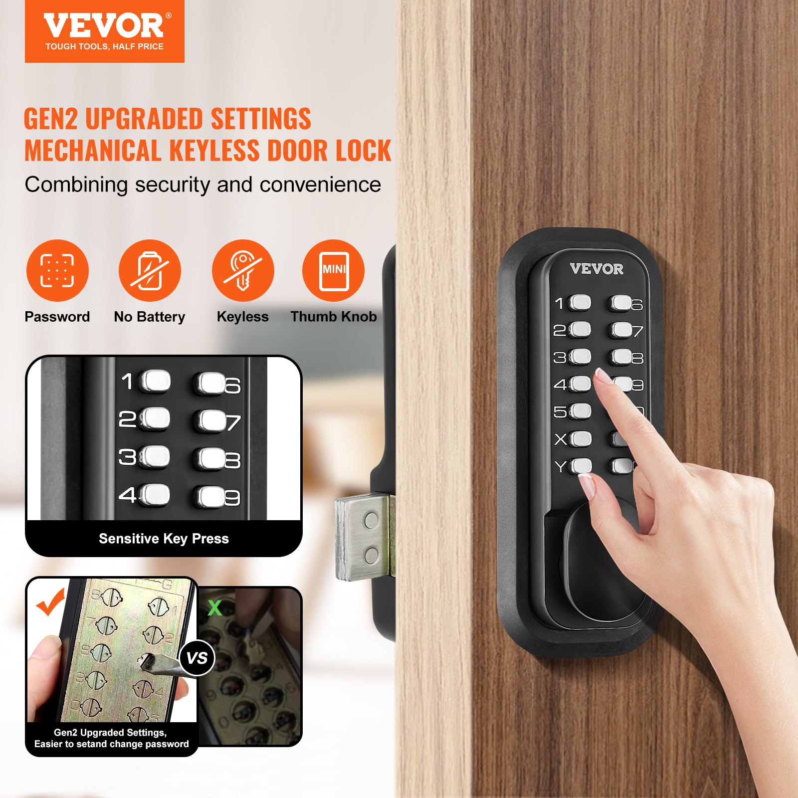 VEVOR Mechanical Keyless Entry Door Lock, 14 Digit Keypad, Outdoor Gate ...