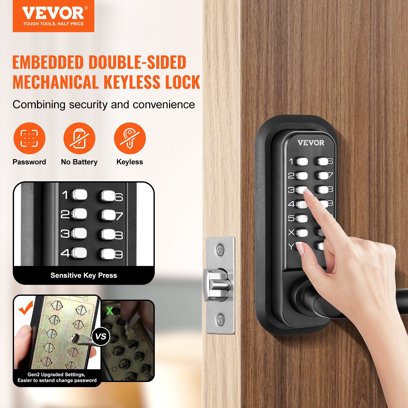 VEVOR Mechanical Keyless Entry Door Lock, 14 Digit Keypad, Double-sided ...