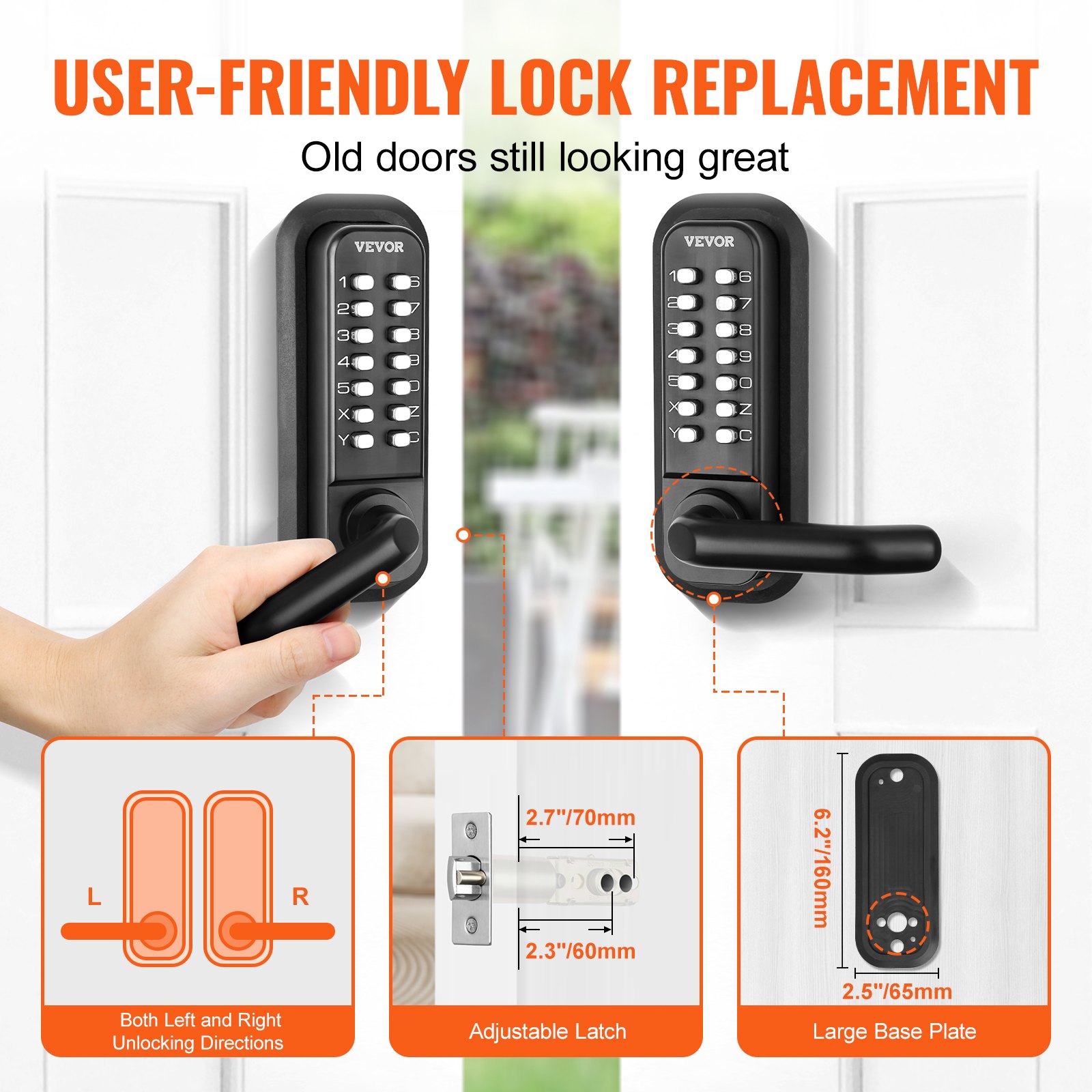 VEVOR Mechanical Keyless Entry Door Lock, 14 Digit Keypad, Double-sided ...