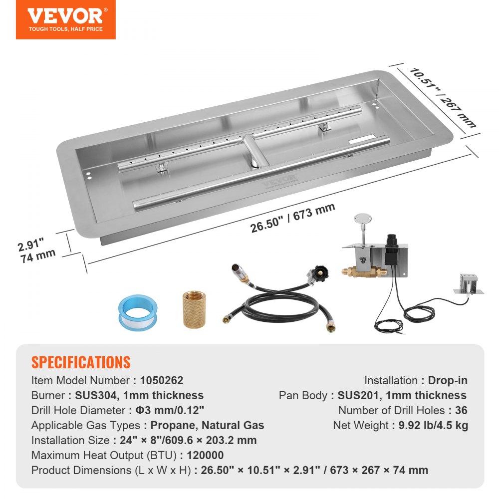 VEVOR 24 x 8 inch Drop-in Fire Pit Pan, Rectangular Stainless Steel ...