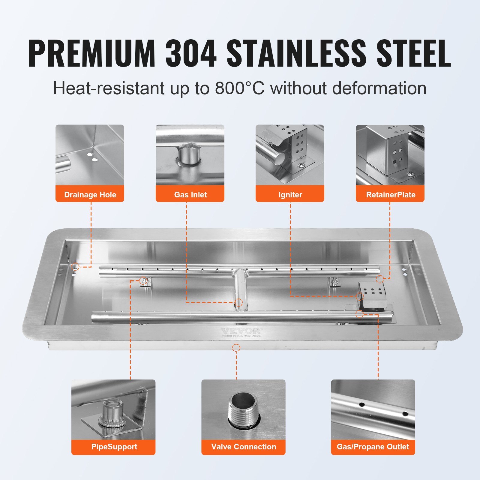 VEVOR 30 x 10 inch Drop-in Fire Pit Pan, Rectangular Stainless Steel ...