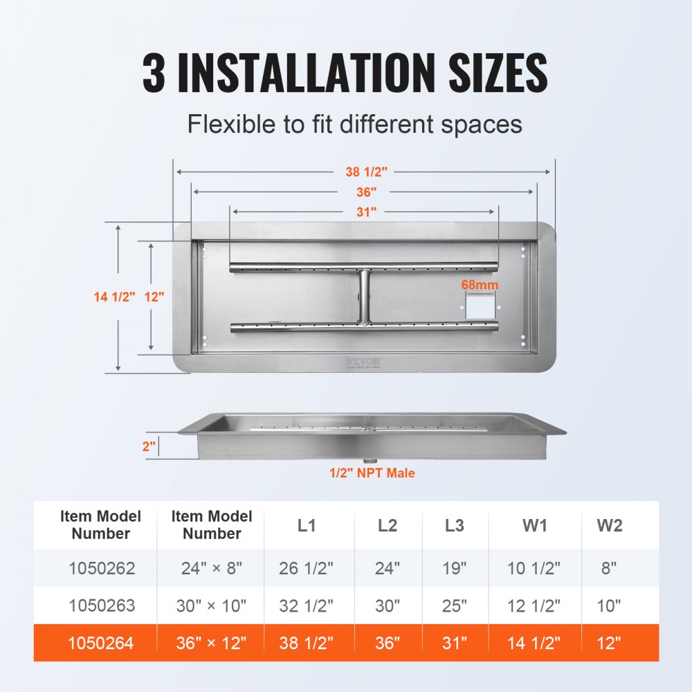 VEVOR 36 x 12 inch Drop-in Fire Pit Pan, Rectangular Stainless Steel ...