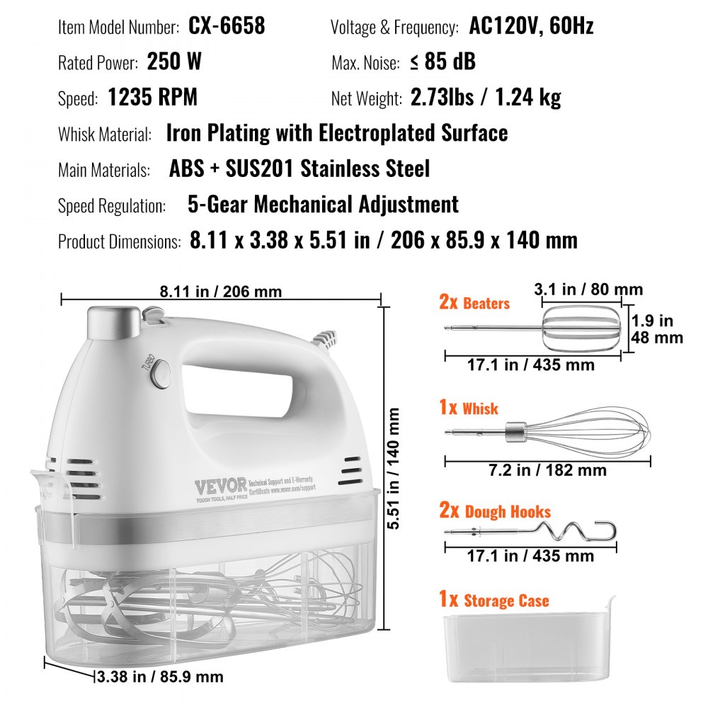 VEVOR Electric Hand Mixer, 5-Speed, 250 Watt Portable Electric Handheld ...