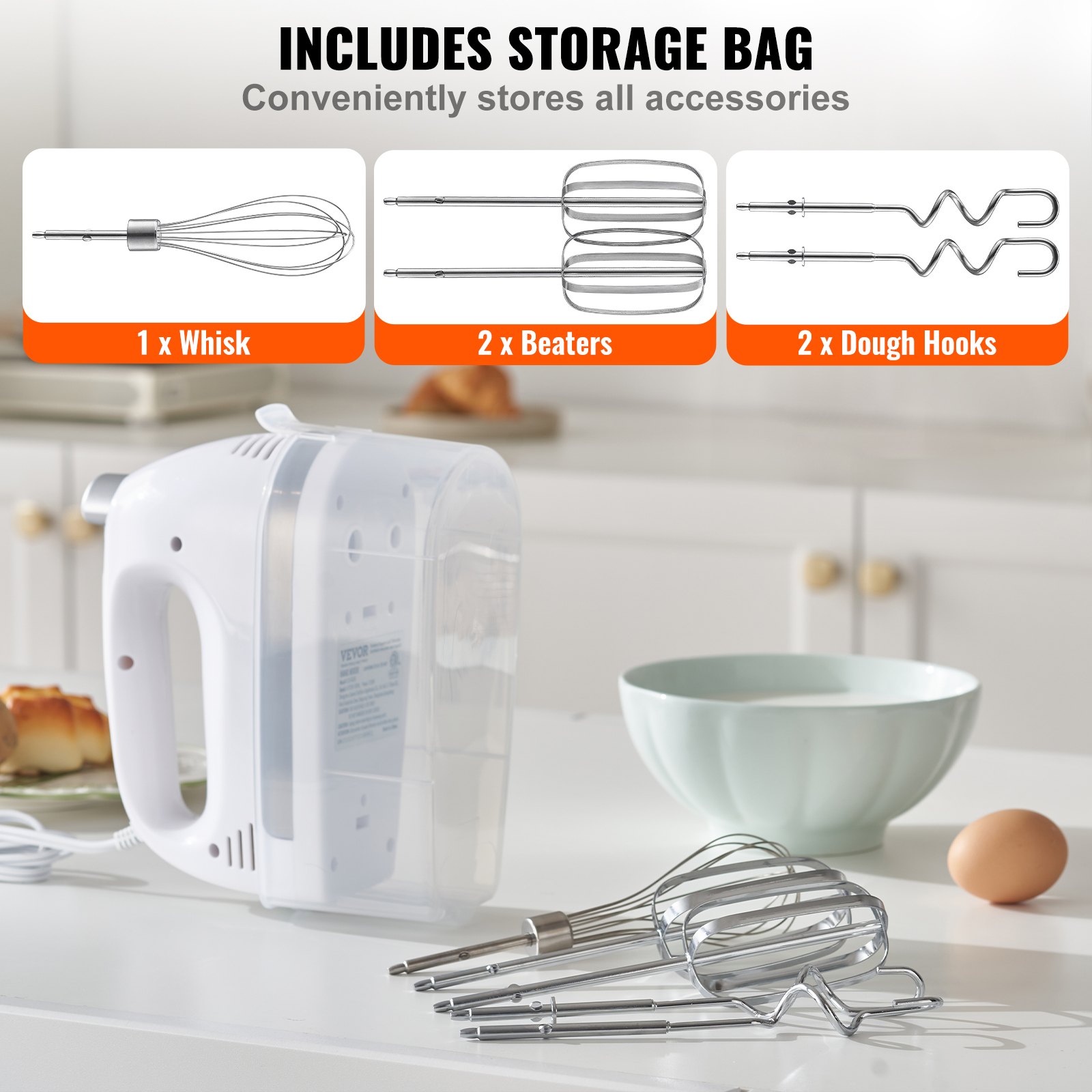 VEVOR Electric Hand Mixer, 5-Speed, 250 Watt Portable Electric Handheld ...