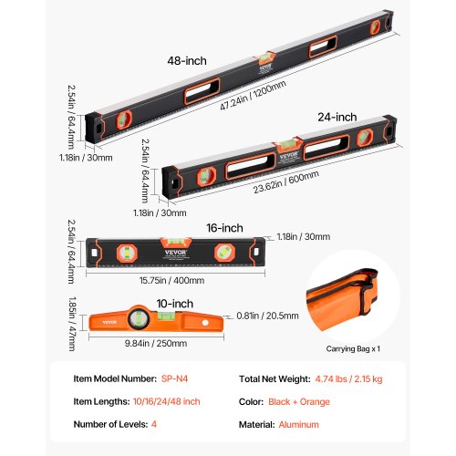 VEVOR 4-Piece Torpedo Level, 48/24/16/10 Inch Box Levels Set ...
