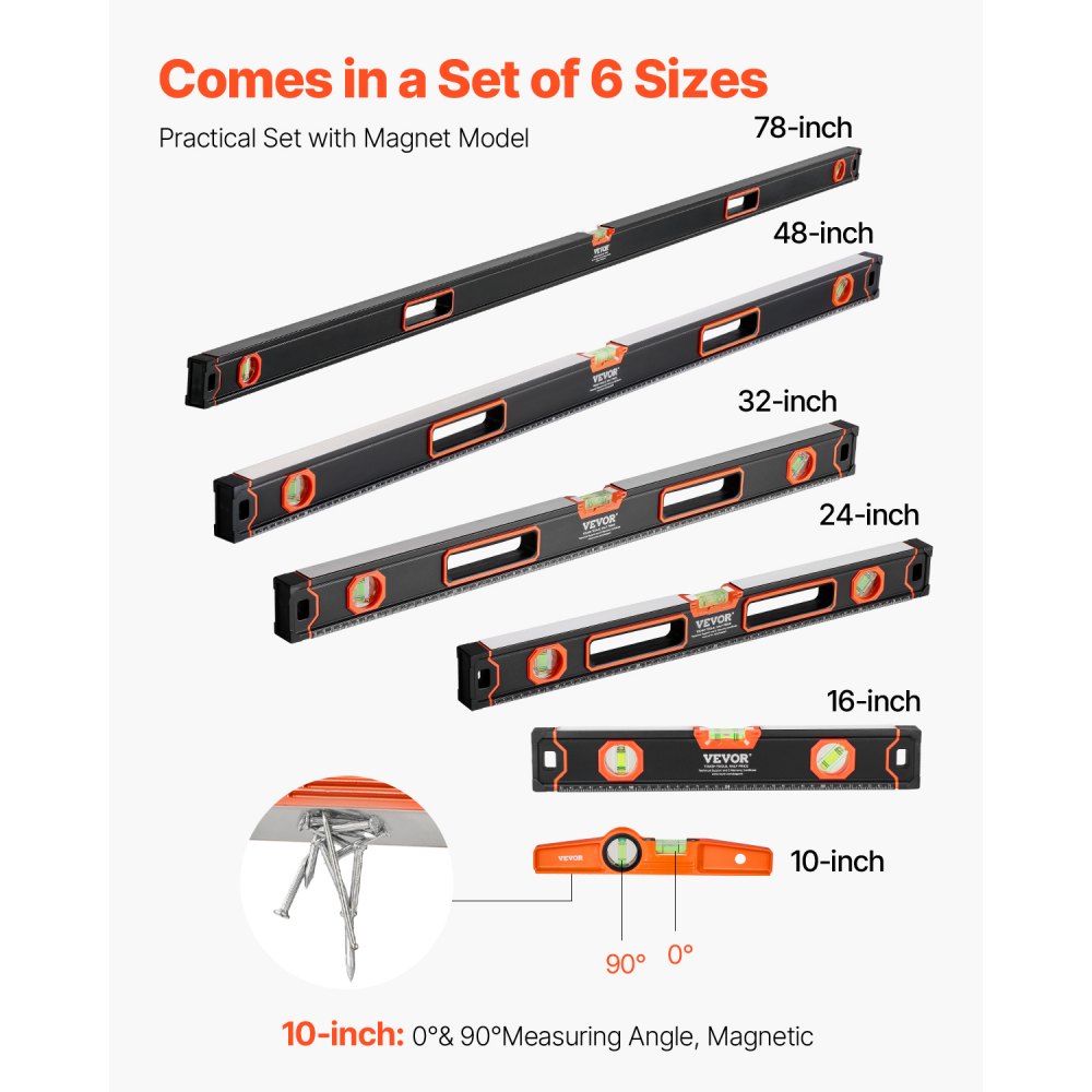 VEVOR Ruler Leveler – 6 Sizes, 3 in 1 Angles, 3 Bubbles