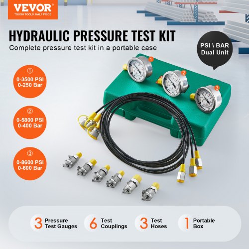 VEVOR Hydraulic Pressure Test Kit, 250/400/600bar, 3 Gauges 6 Test ...
